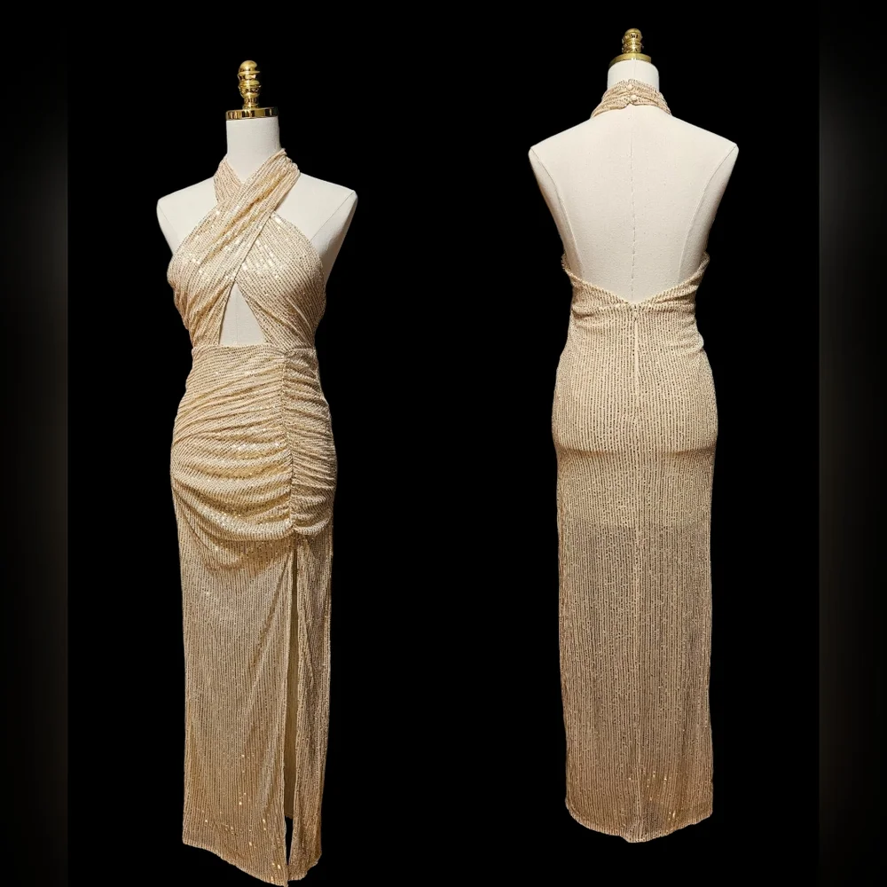 Identity | Dresses | Identity Sexy Elegant Gold Sequins Halter Dress ...